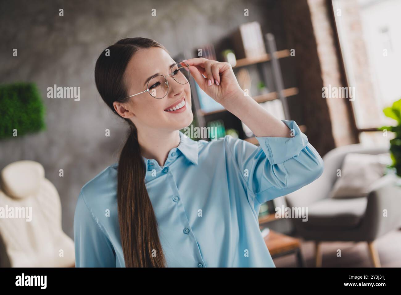 Photo of dreamy charming lady assistant wear shirt glasses smiling ...