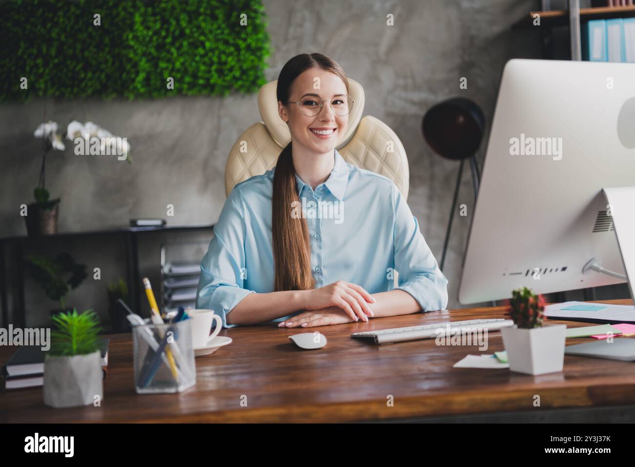 Photo of sweet charming lady assistant wear shirt glasses smiling ...