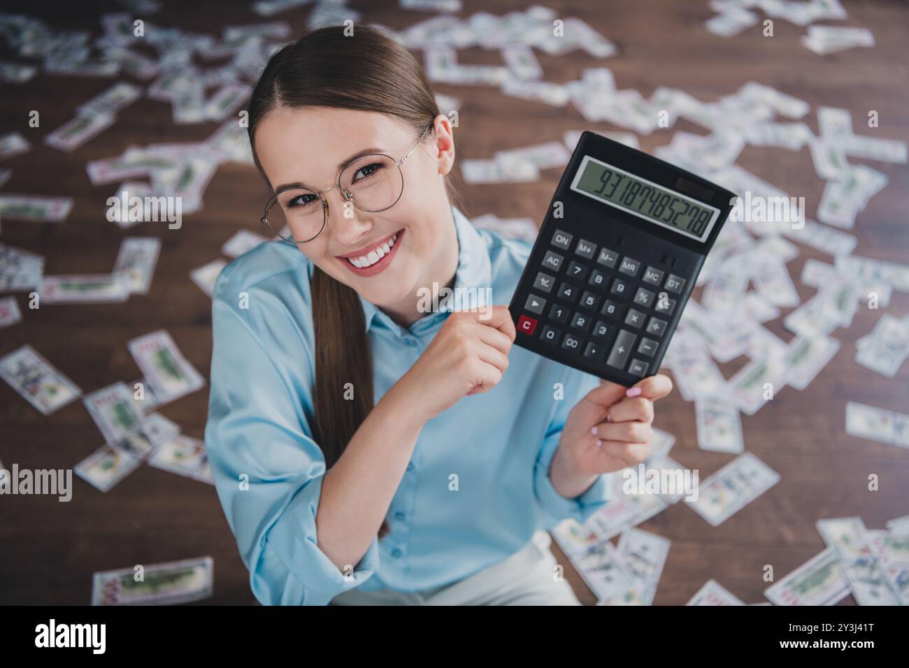 Photo of sweet charming lady assistant wear shirt glasses counting ...
