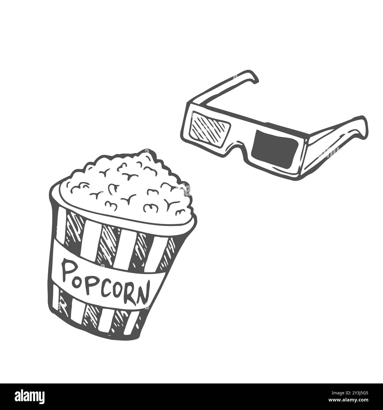 Hand drawn movie objects popcorn ticket 3D soda vector Stock Vector ...