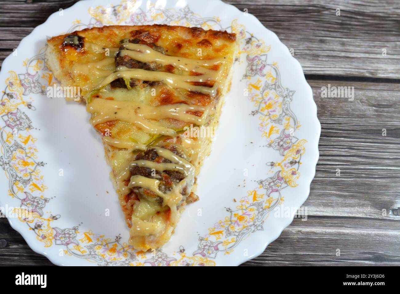 Smoky burger pizza, with thick crust dough, beef burger bites pieces ...