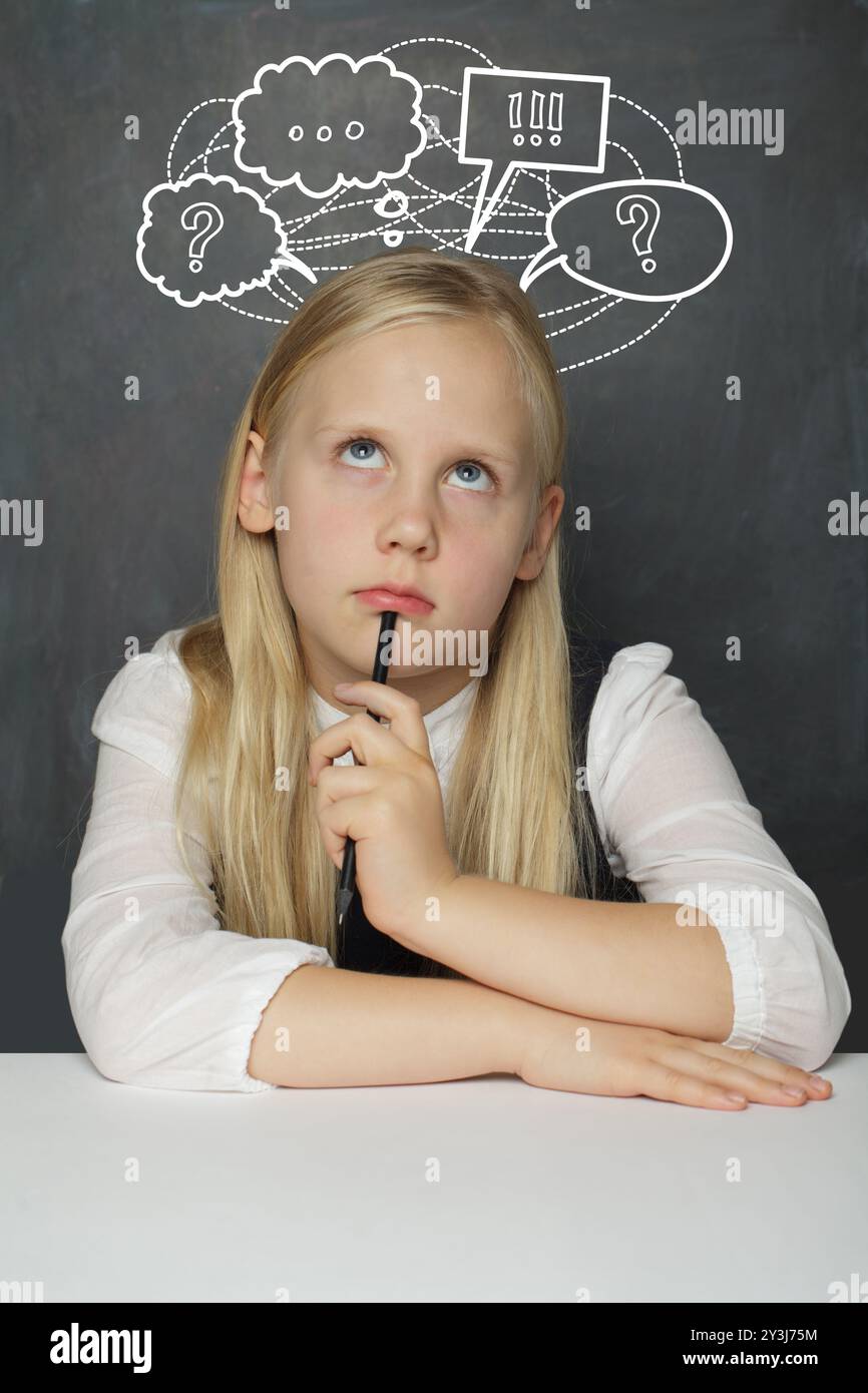 Thinking child girl and thought cloud bubble with question mark above ...