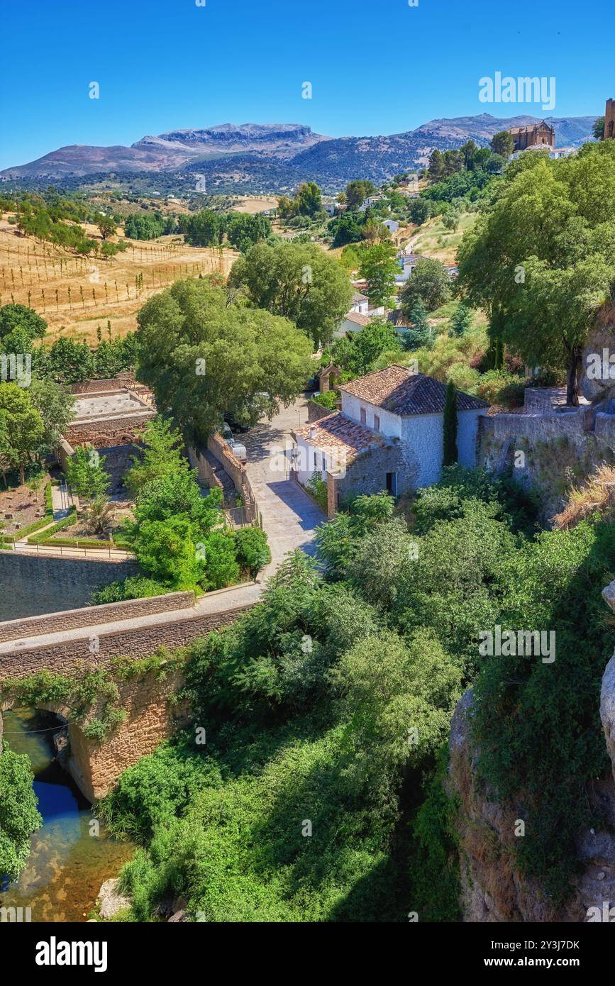 Mountain, buildings and ancient city in Spain with antique structures ...