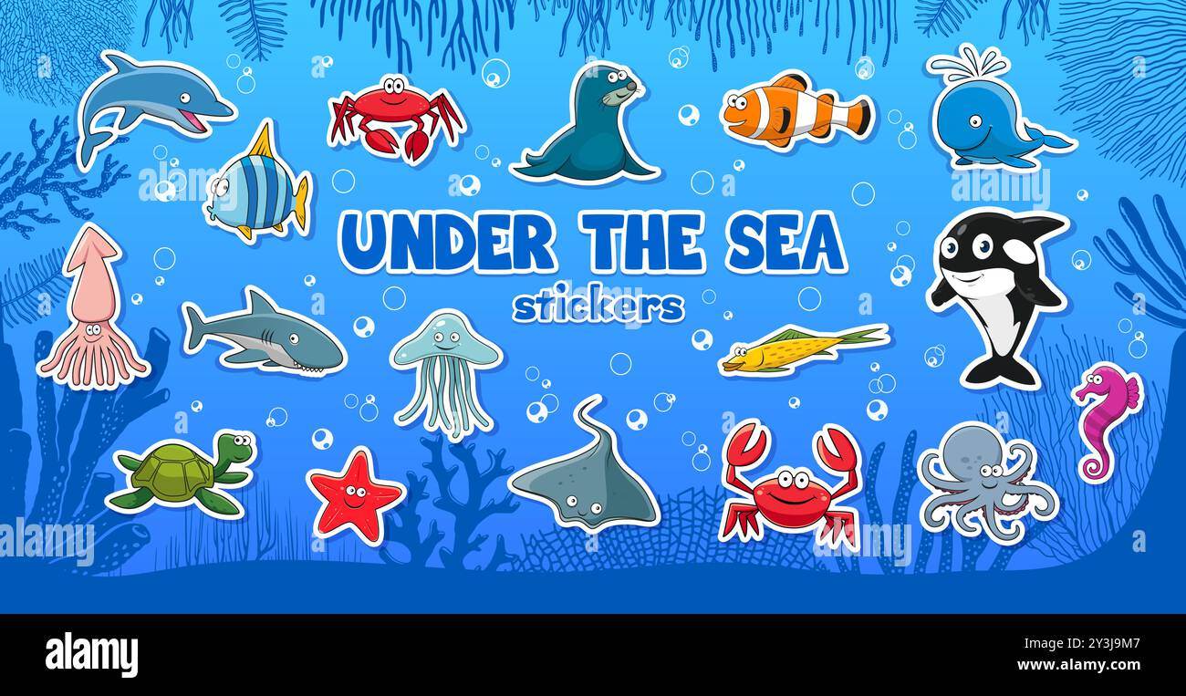 Cartoon underwater animal stickers and undersea fishes, vector icons ...
