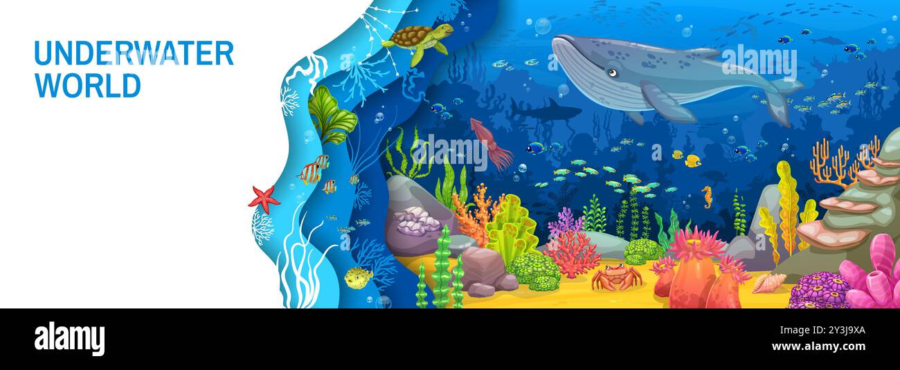 Paper cut underwater landscape with cartoon whale and seaweeds on ocean ...