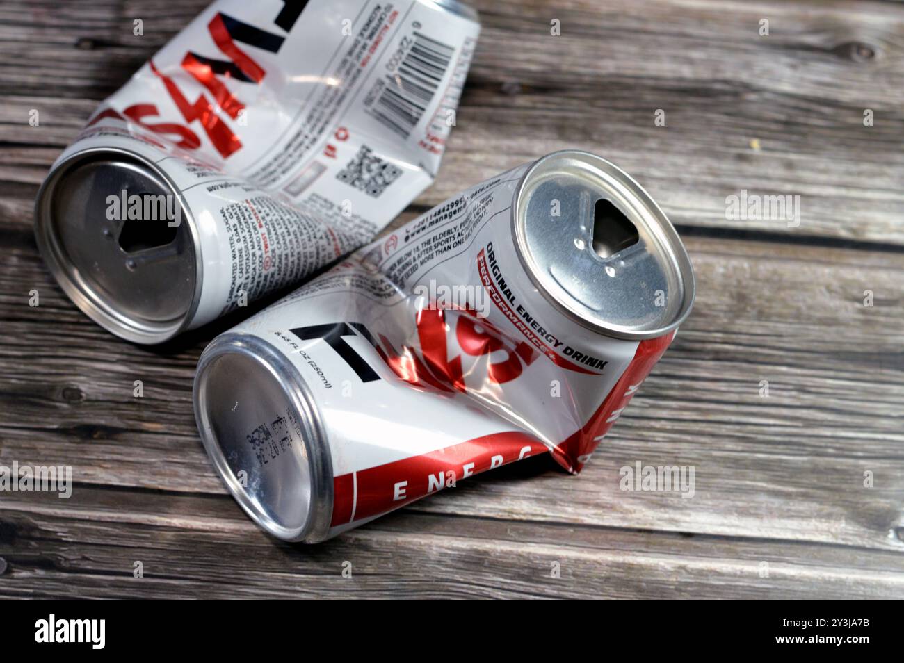 Cairo, Egypt, August 21 2024: Crushed dented Twist Energy Drink cola ...