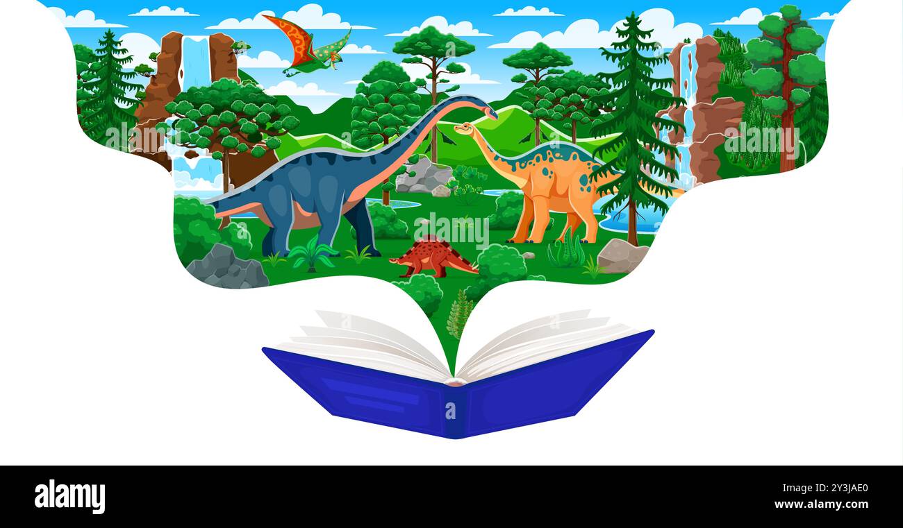 School textbook with prehistoric dinosaurs at Jurassic era landscape ...