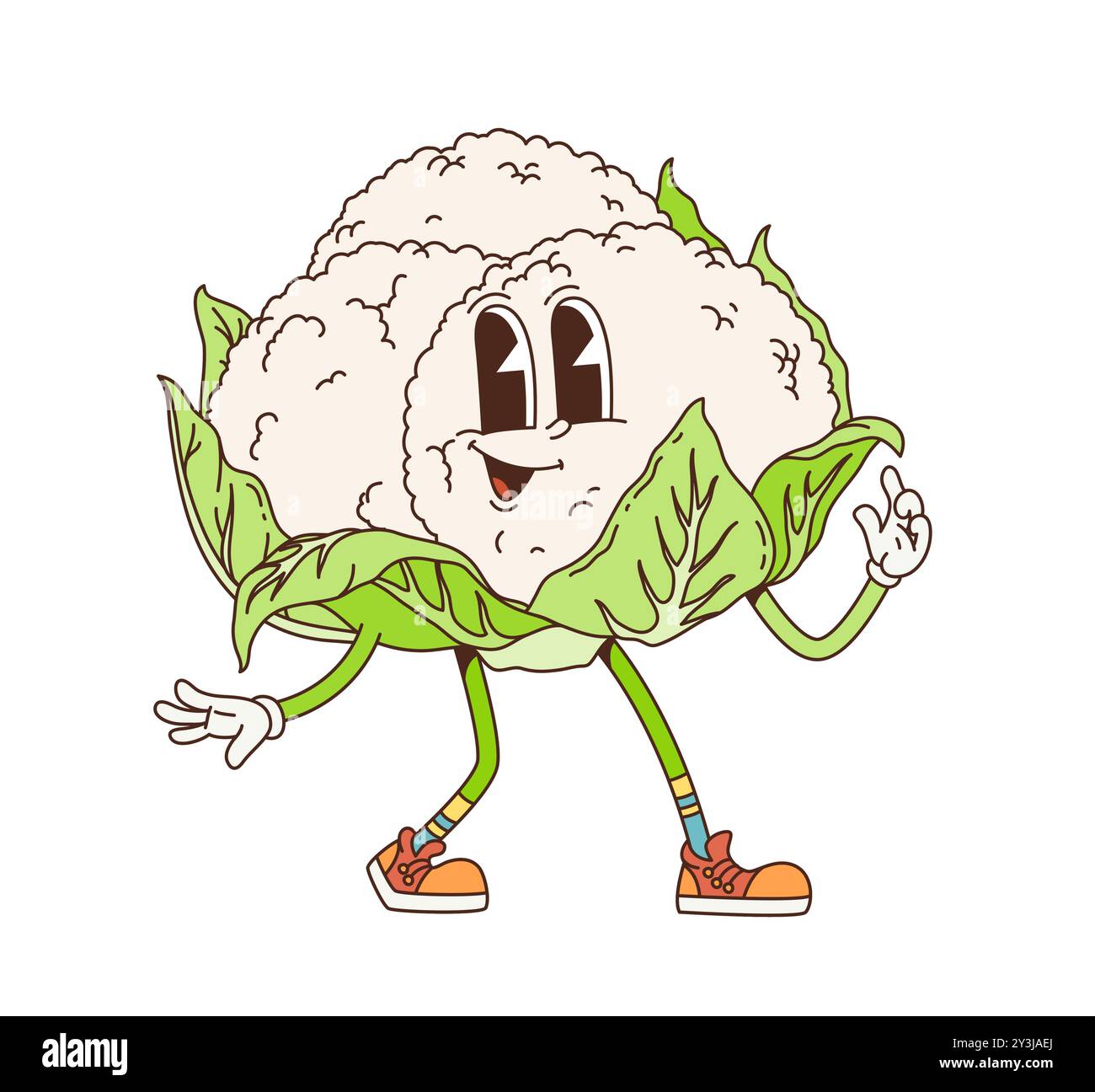 Cartoon groovy cauliflower cabbage vegetable character, vector retro ...