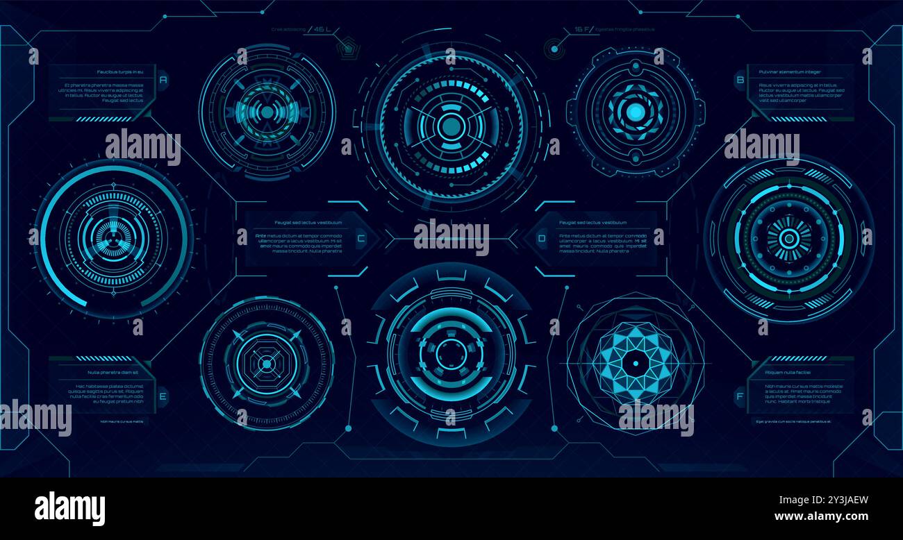 Circular futuristic digital HUD elements, sci fi ui interface. Vector blue neon heads up display ...
