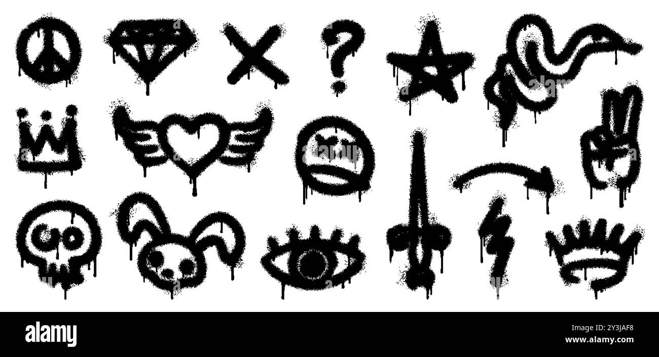 Grunge graffiti spray paint, street ink art. Vector set of black peace ...