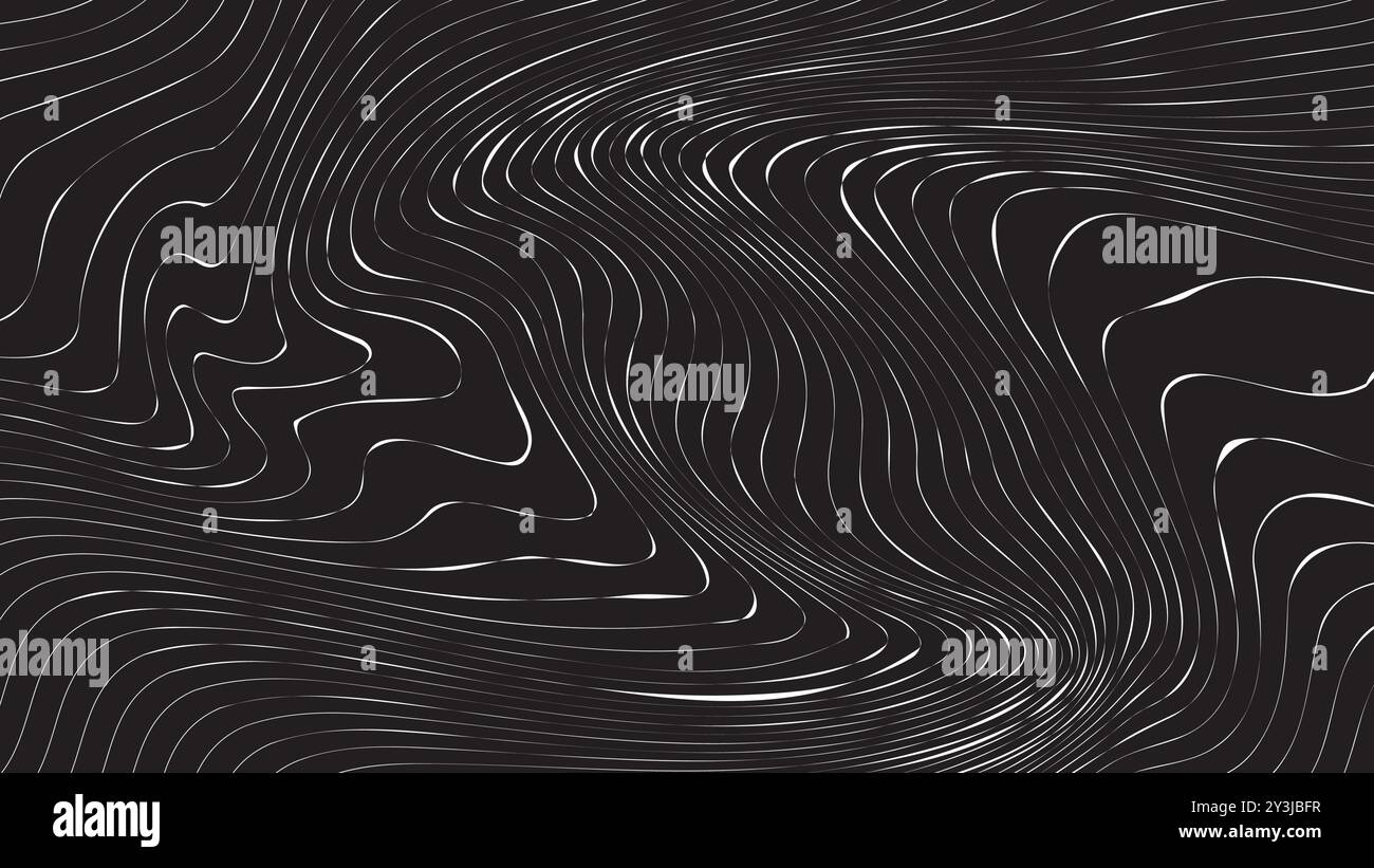 Inverted wavy white lines on black background. Abstract distorted ...
