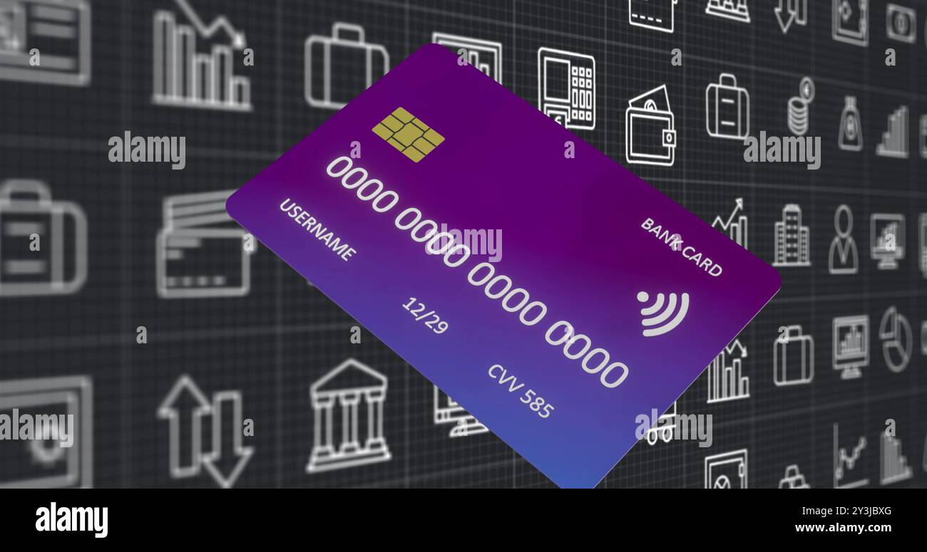 Image of currency icons and credit card over black background Stock ...