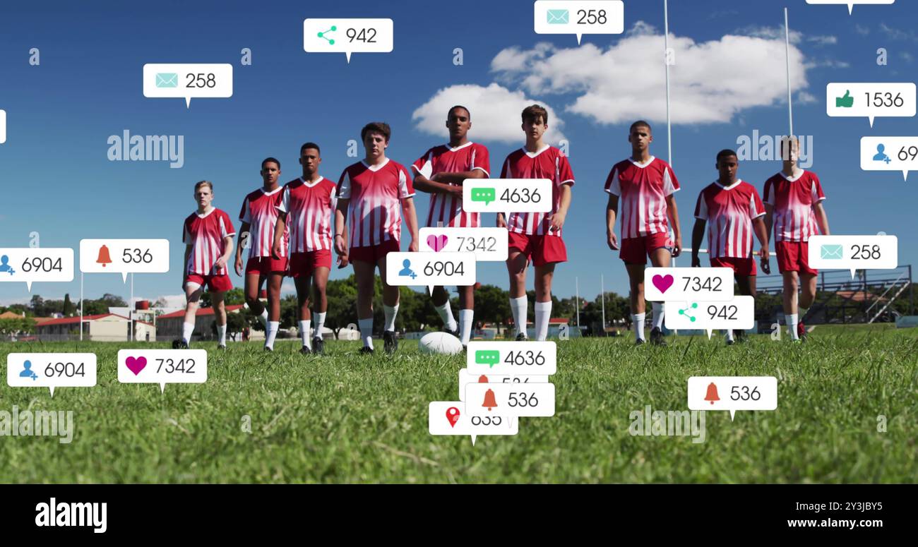 Image of icons and data processing over diverse rugby players Stock ...