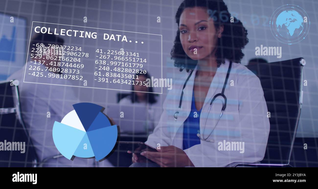 Image of diagrams and data processing over diverse doctors using tablet ...