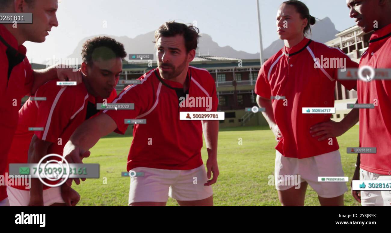 Image of icons and data processing over diverse rugby players Stock ...