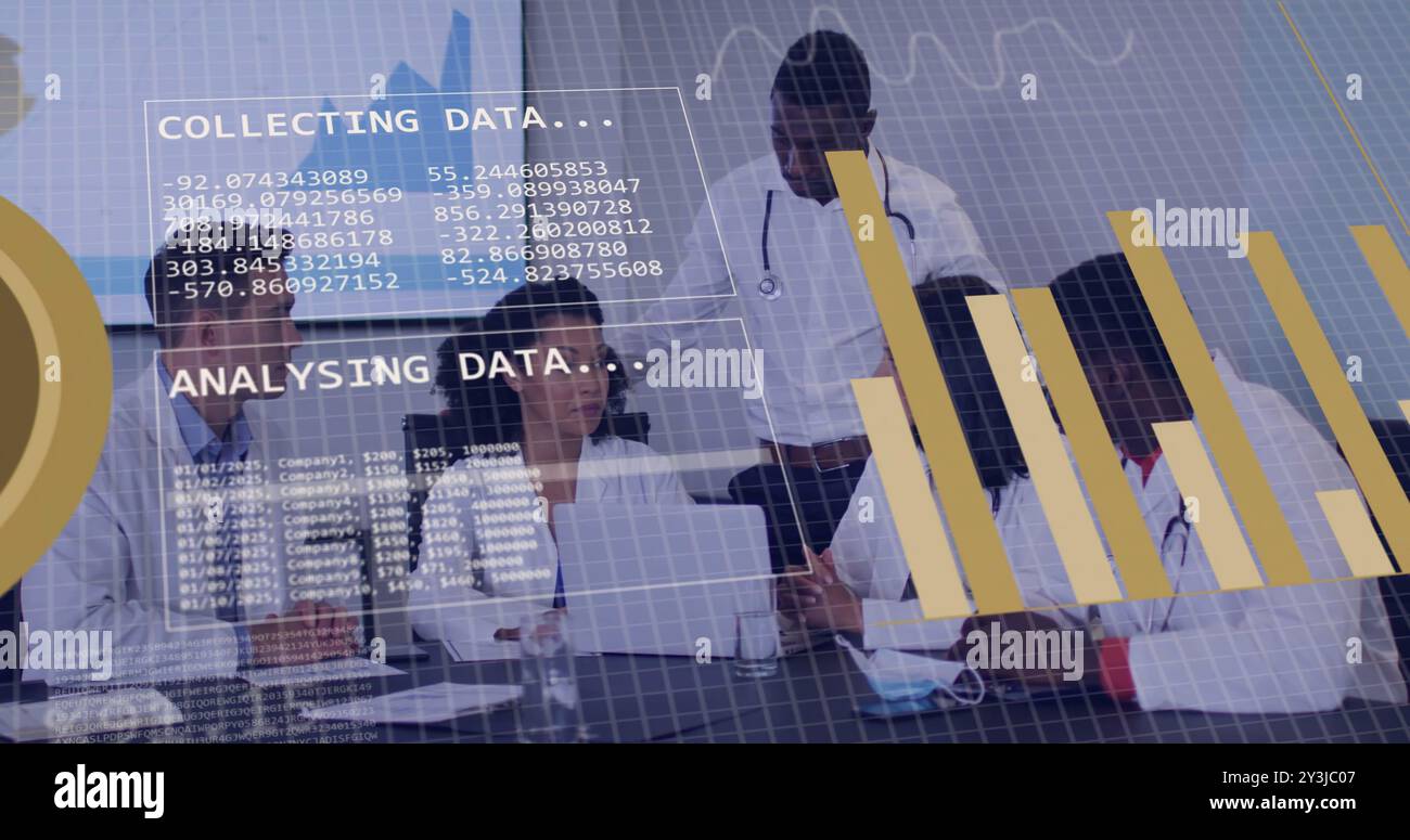 Image of diagrams and data processing over diverse doctors discussing ...