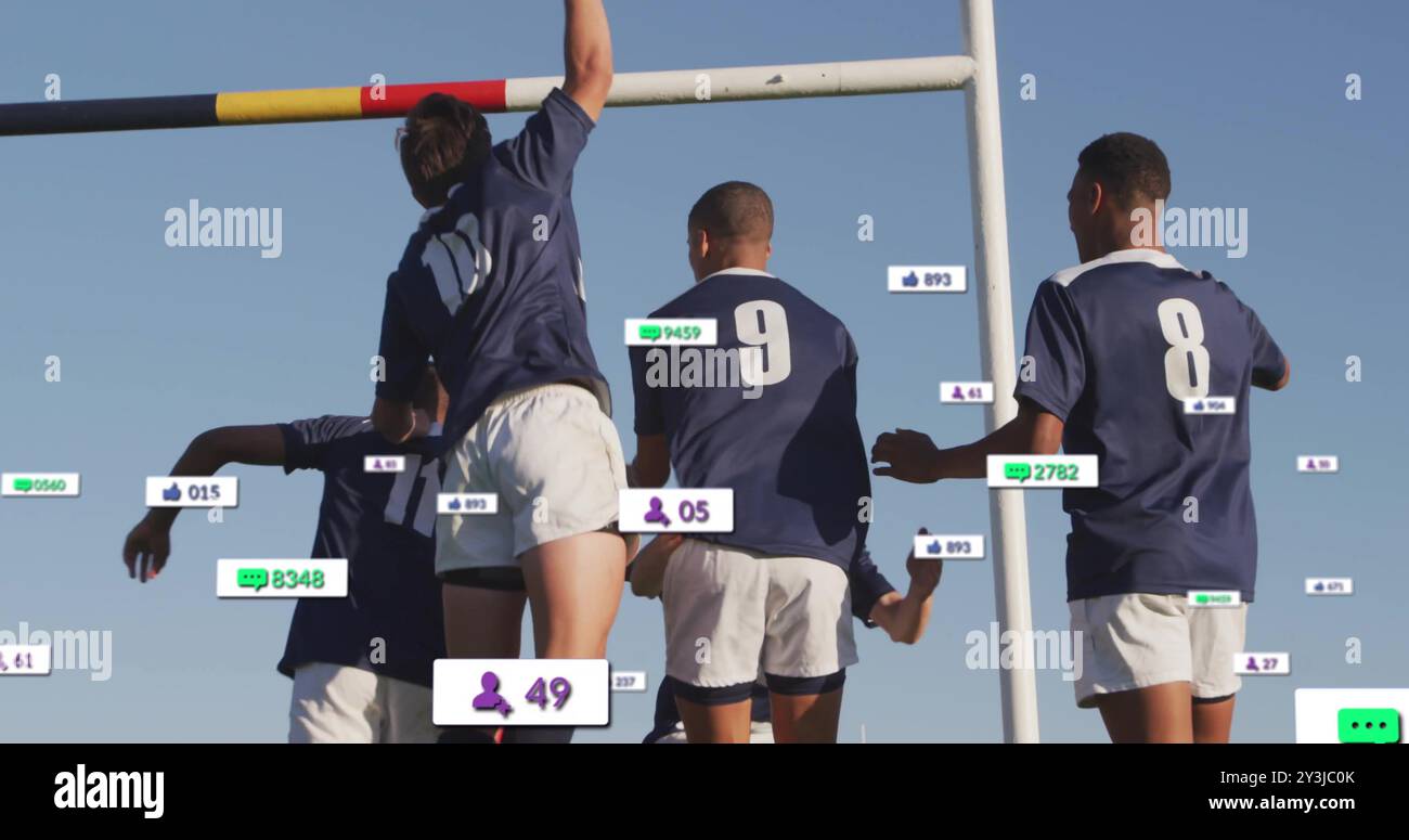 Image of icons and data processing over diverse rugby players Stock ...