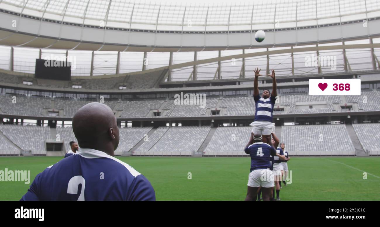 Image of icons and data processing over diverse rugby players Stock ...