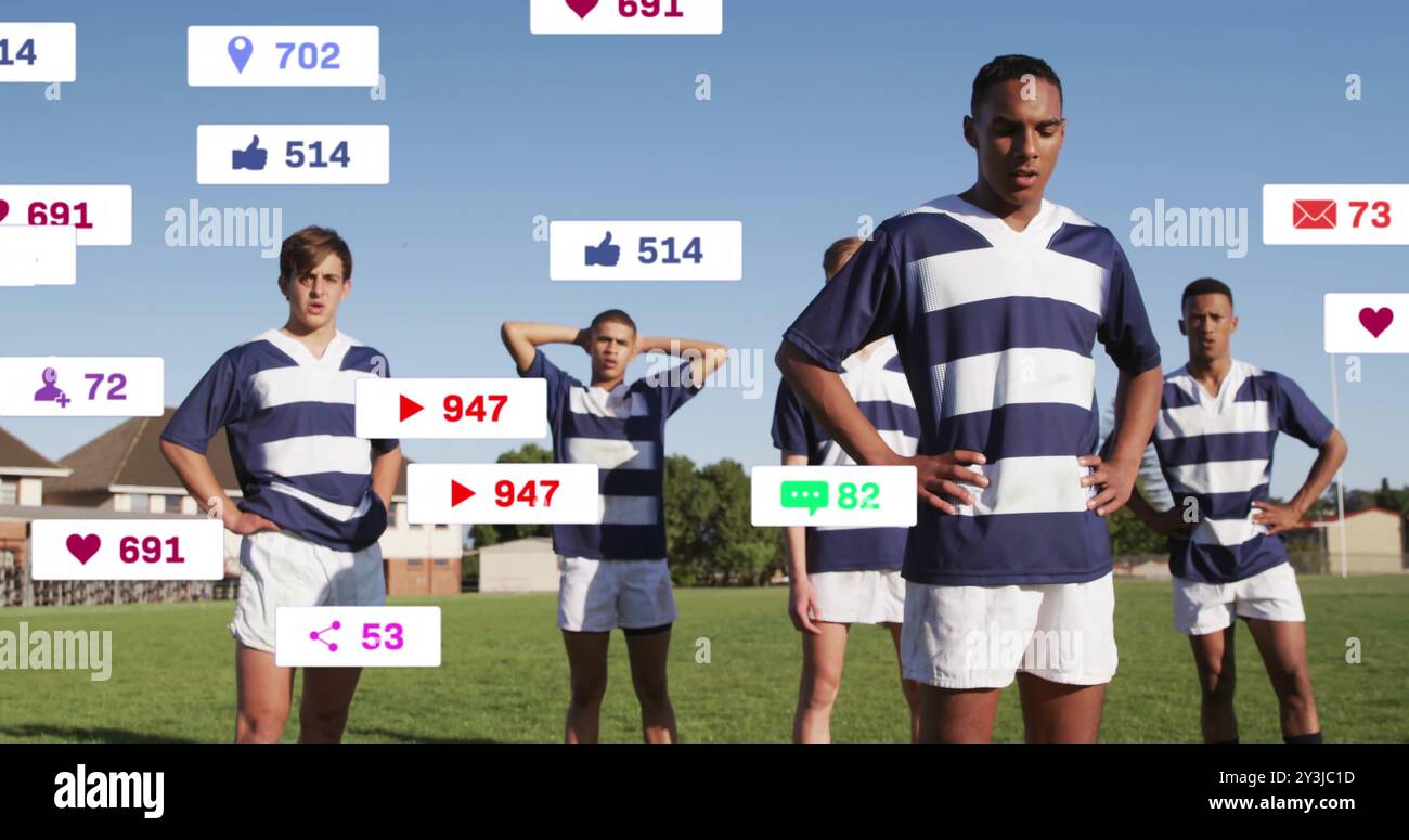 Image of icons and data processing over diverse rugby players Stock ...