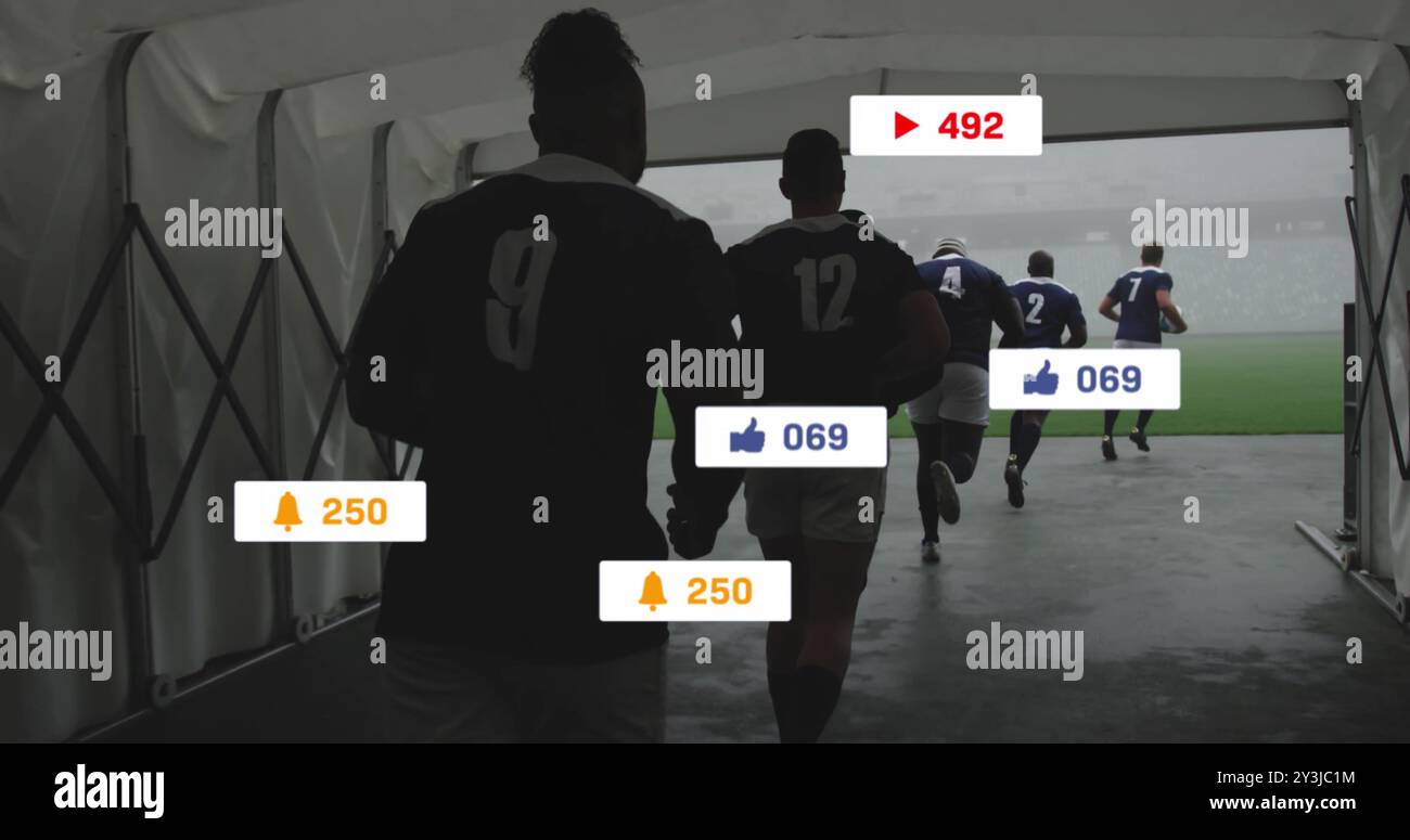 Image of icons and data processing over diverse rugby players Stock ...