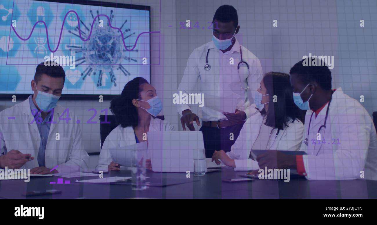 Image of diagrams and data processing over diverse doctors discussing ...