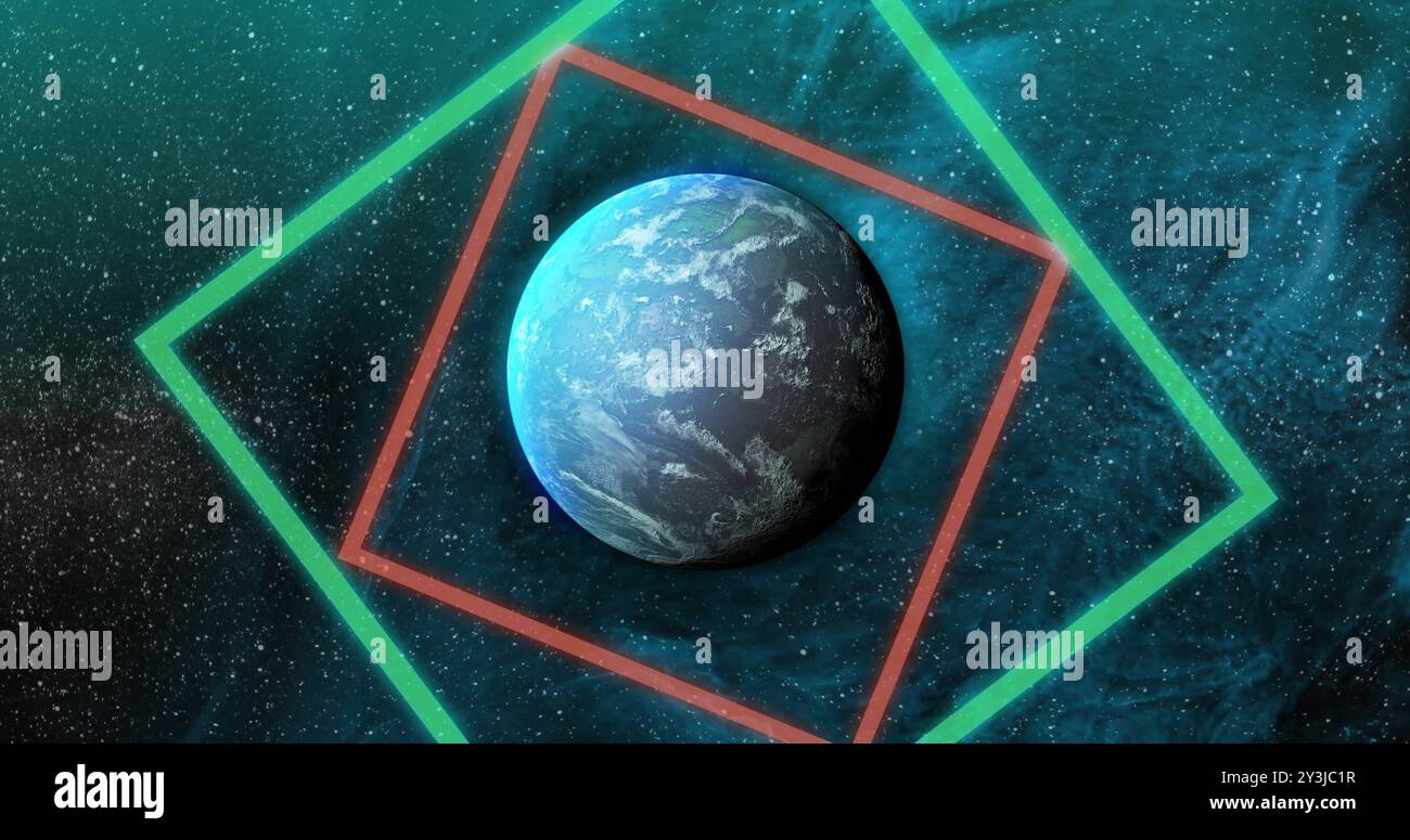 Image of colourful shapes over planet on sky with stars Stock Photo - Alamy