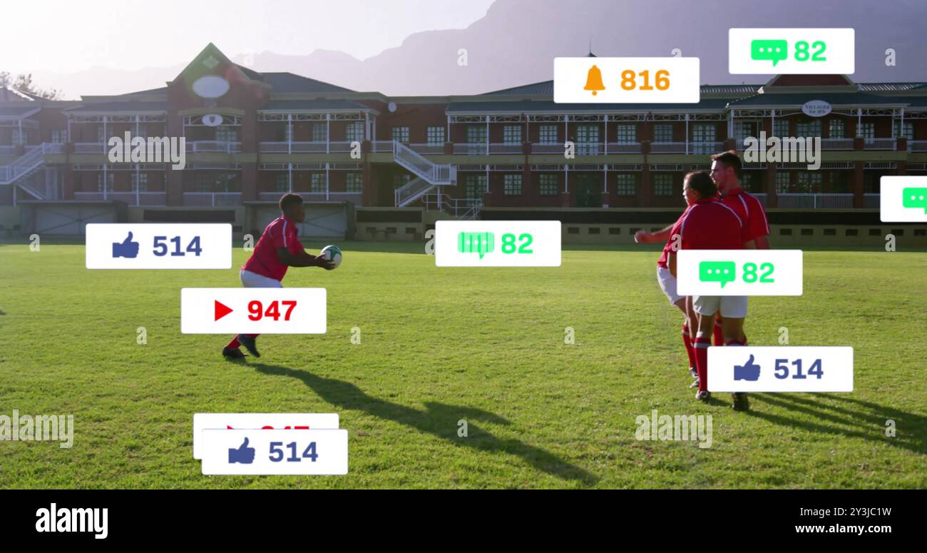 Image of icons and data processing over diverse rugby players Stock ...