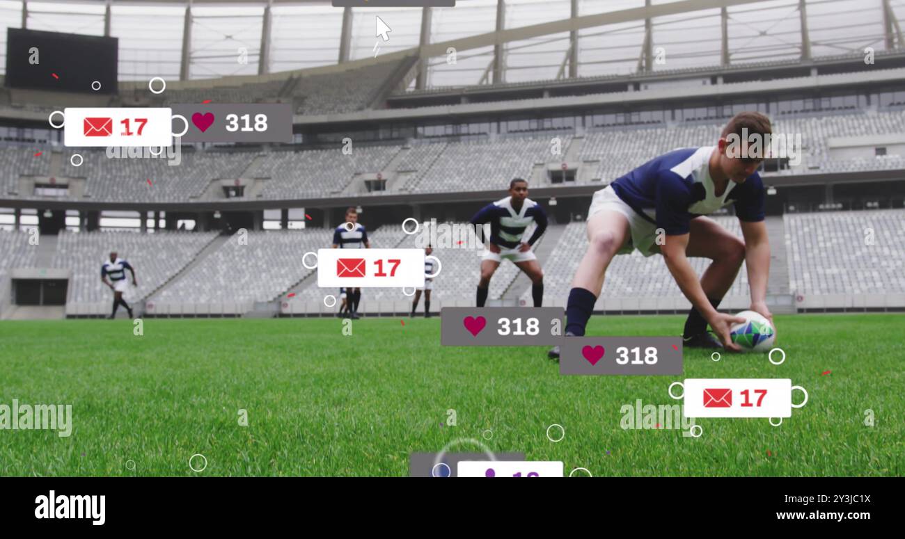 Image of icons and data processing over diverse rugby players Stock ...