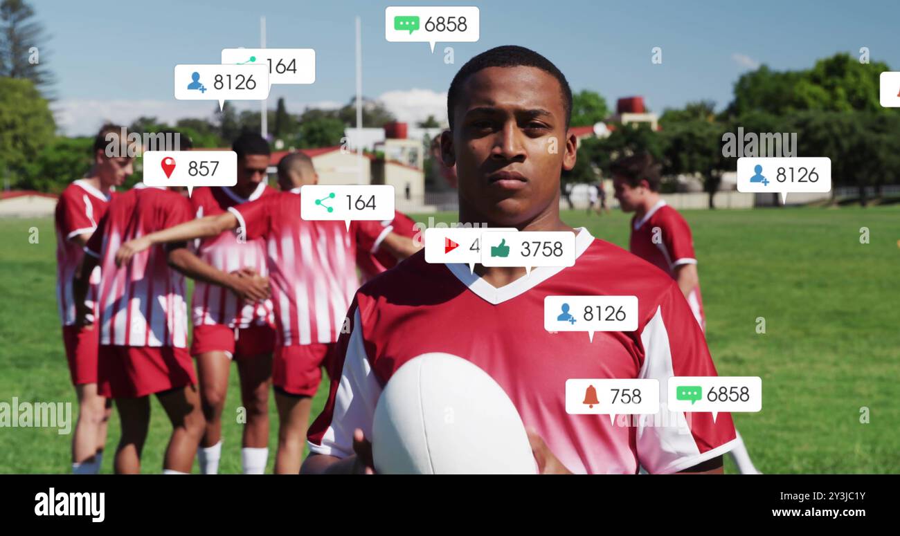 Image of icons and data processing over diverse rugby players Stock ...