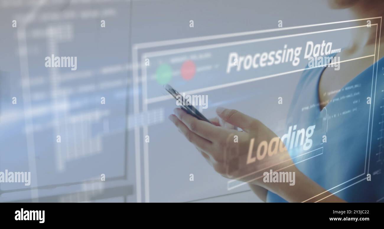 Processing data and loading image over woman using smartphone Stock ...