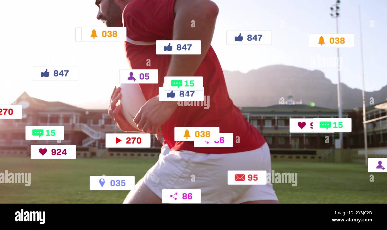 Image of icons and data processing over diverse rugby players Stock ...