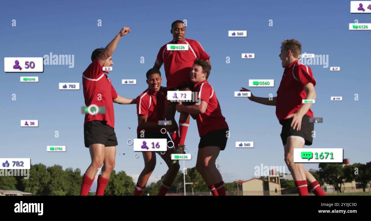 Image of icons and data processing over diverse rugby players Stock ...