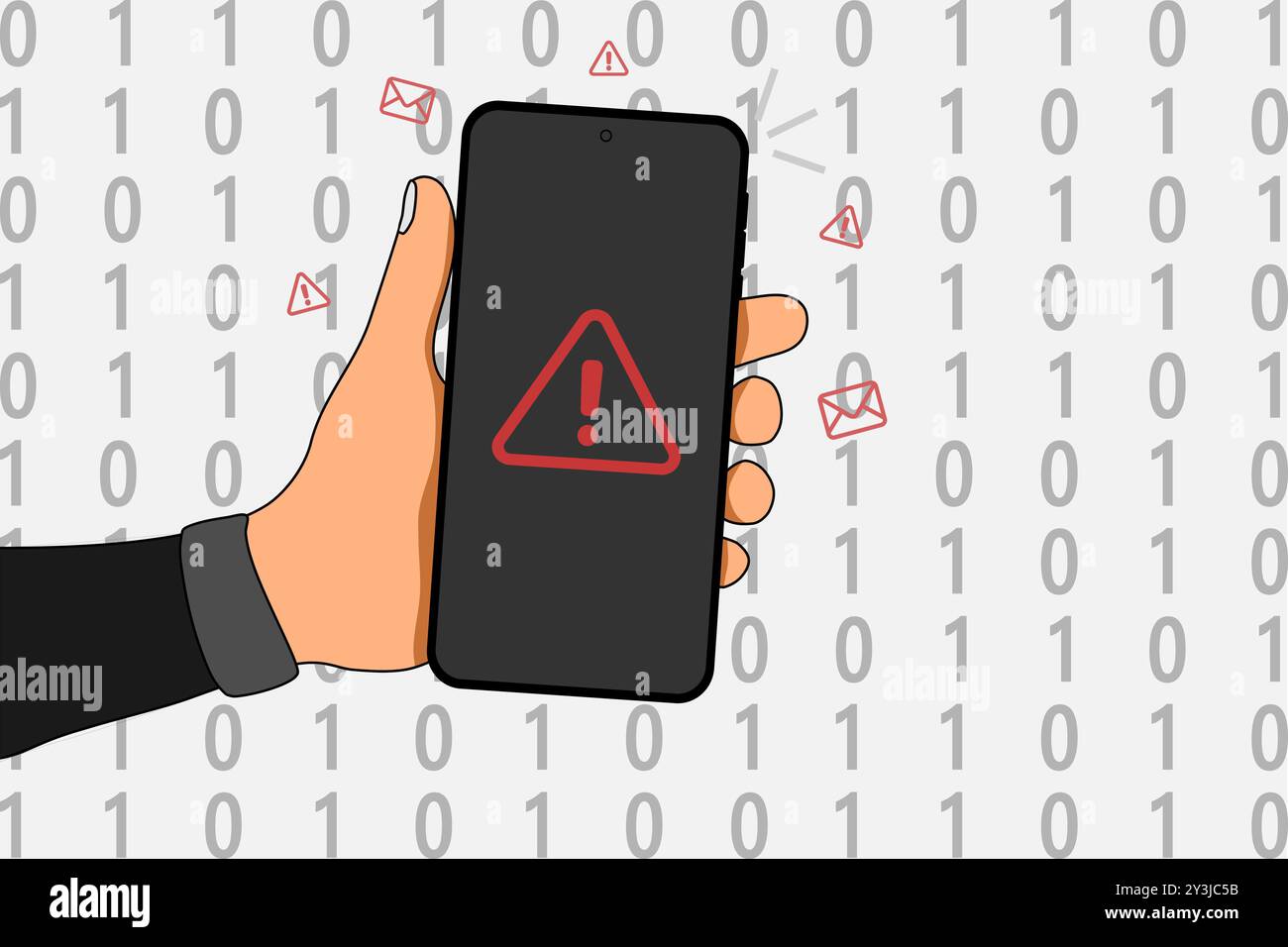 Hand holding a smartphone with red triangle caution warning sign for notification error ...
