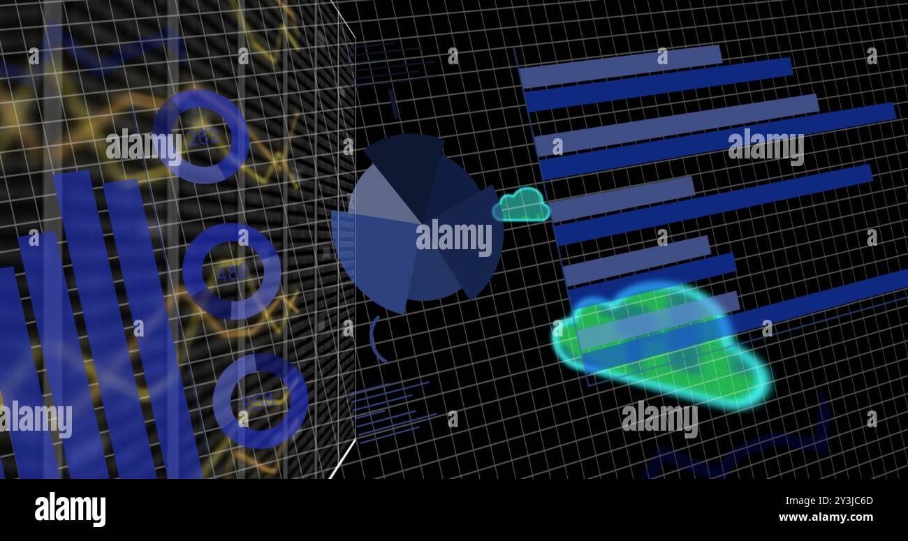 Image of graphs and charts processing data and cloud icons over grid on ...