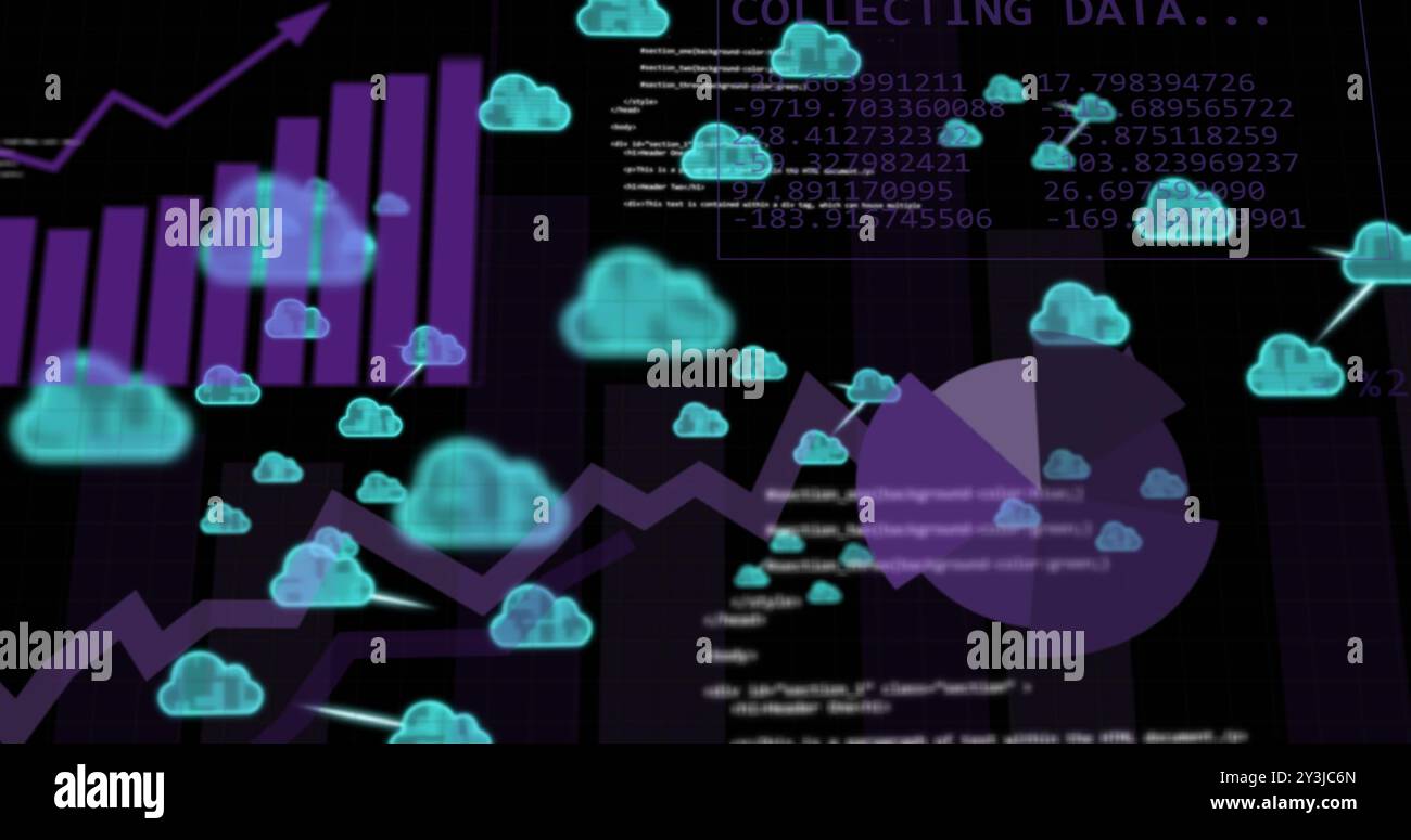 Image of charts and processing data with network of blue cloud icons on ...