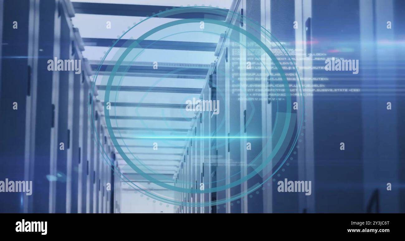 Image of circular biometric eye scanner and processing data over server room Stock Photo - Alamy