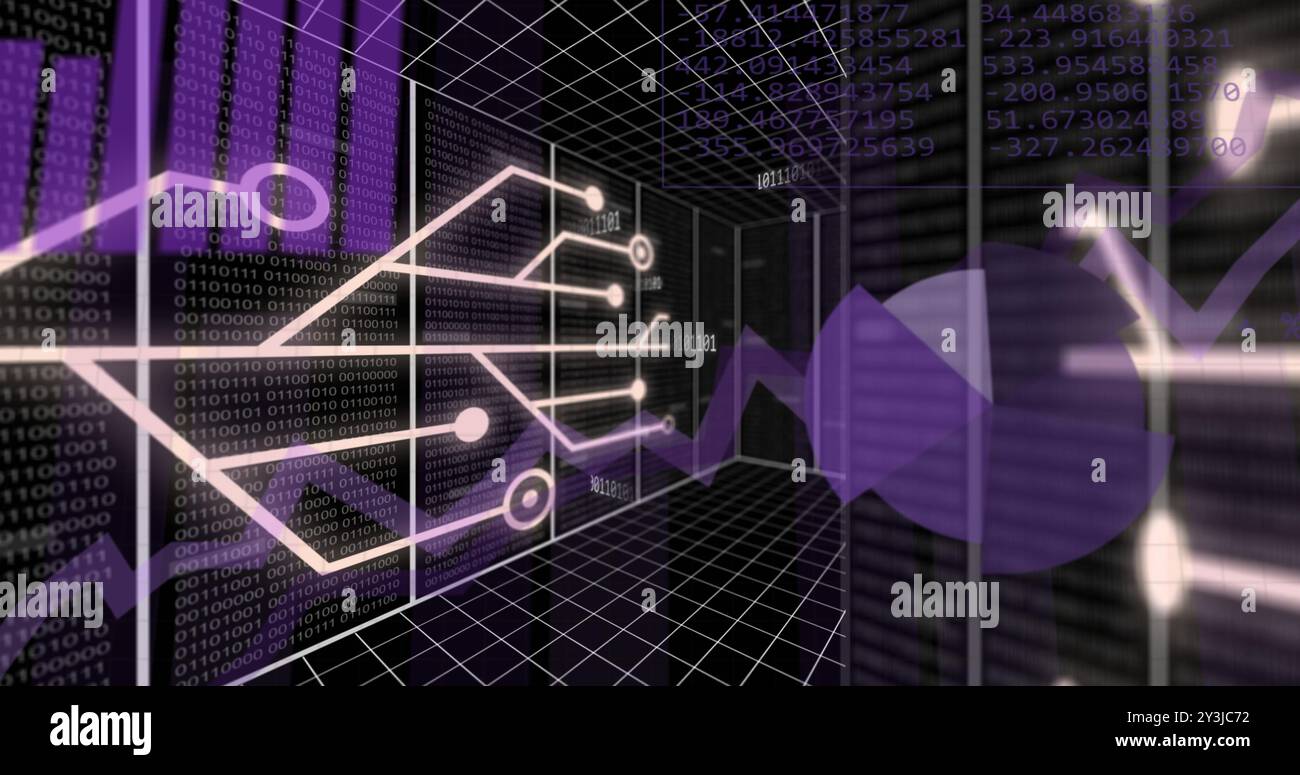 Image of network and processing data over grid on black background ...