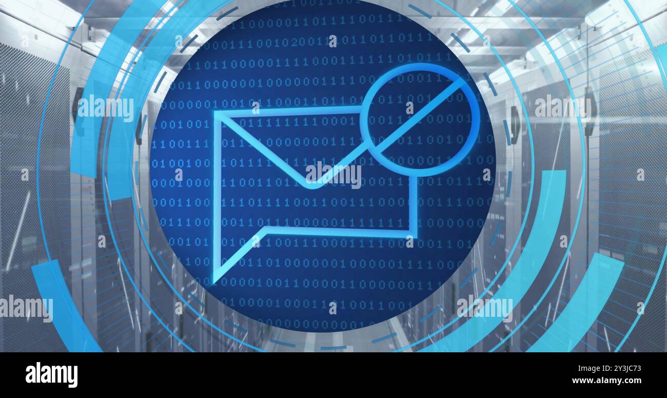 Image of circular scanner processing blocked mail message data over network server room Stock ...