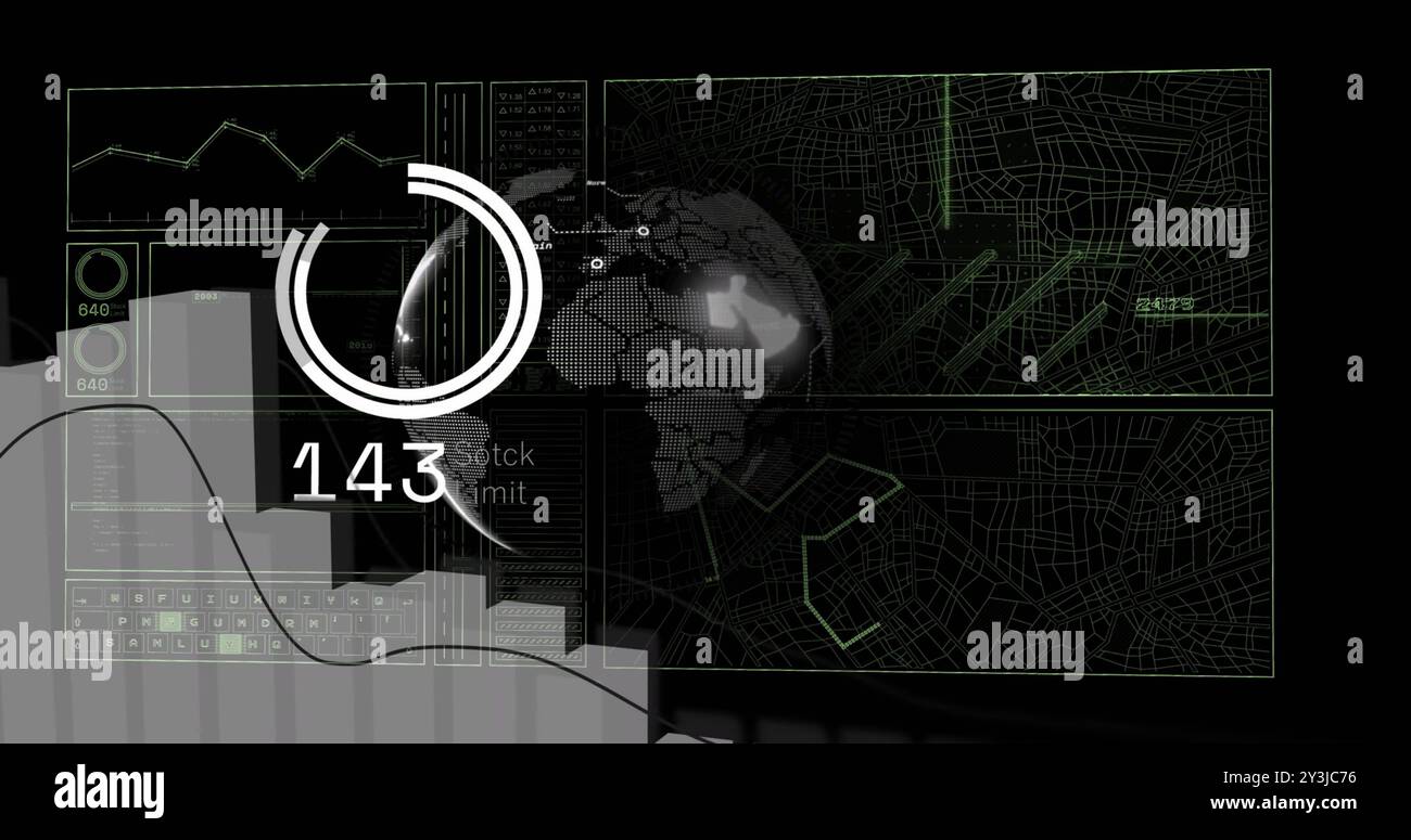 Image of globe with charts processing data and loading ring on black ...