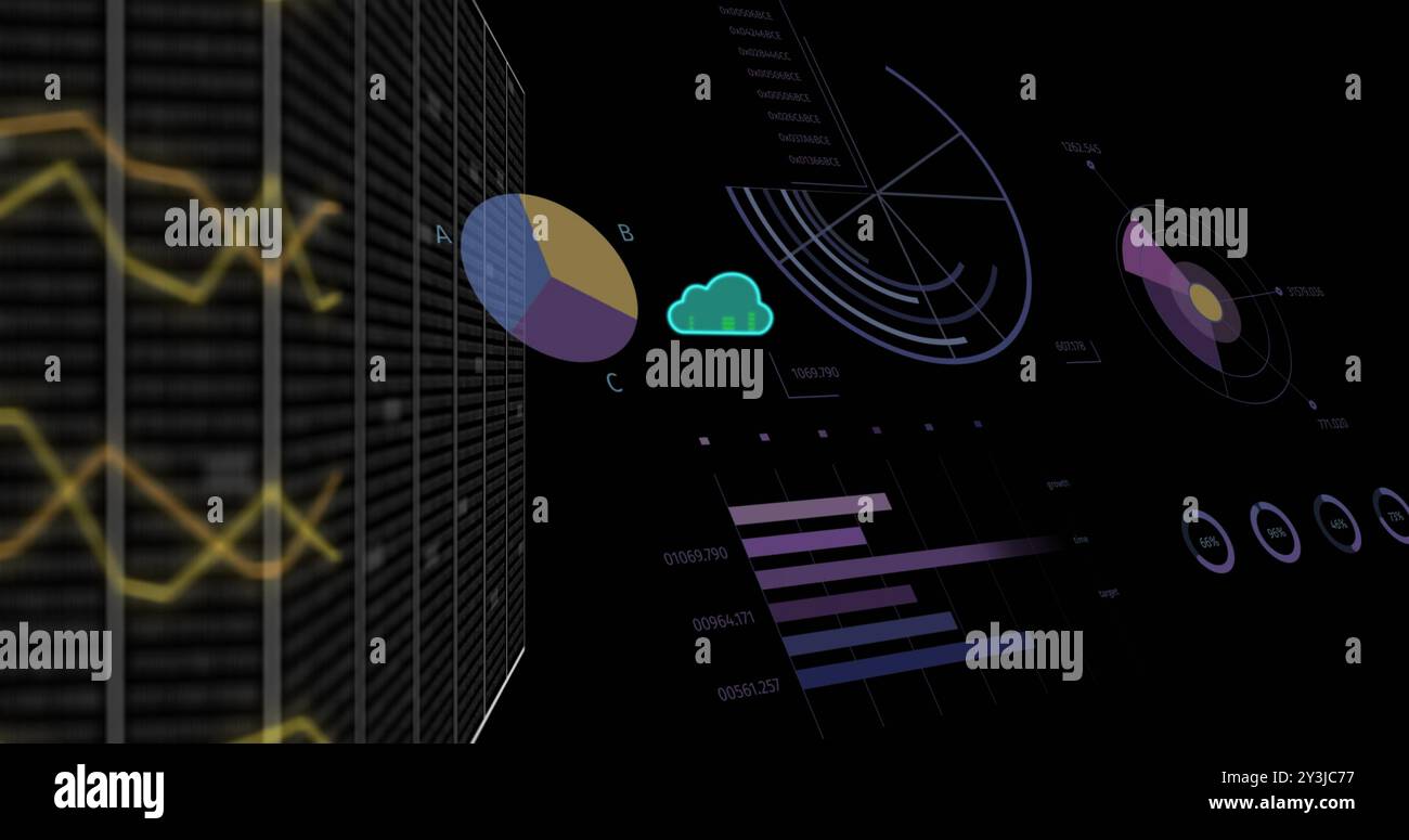 Image of network and charts processing data with green cloud icons on ...