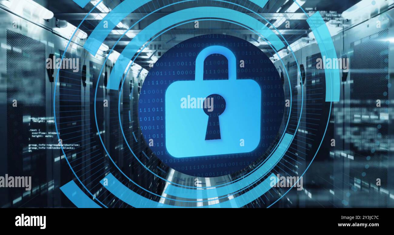 Image of circular scanner with padlock security icon processing over server room Stock Photo - Alamy