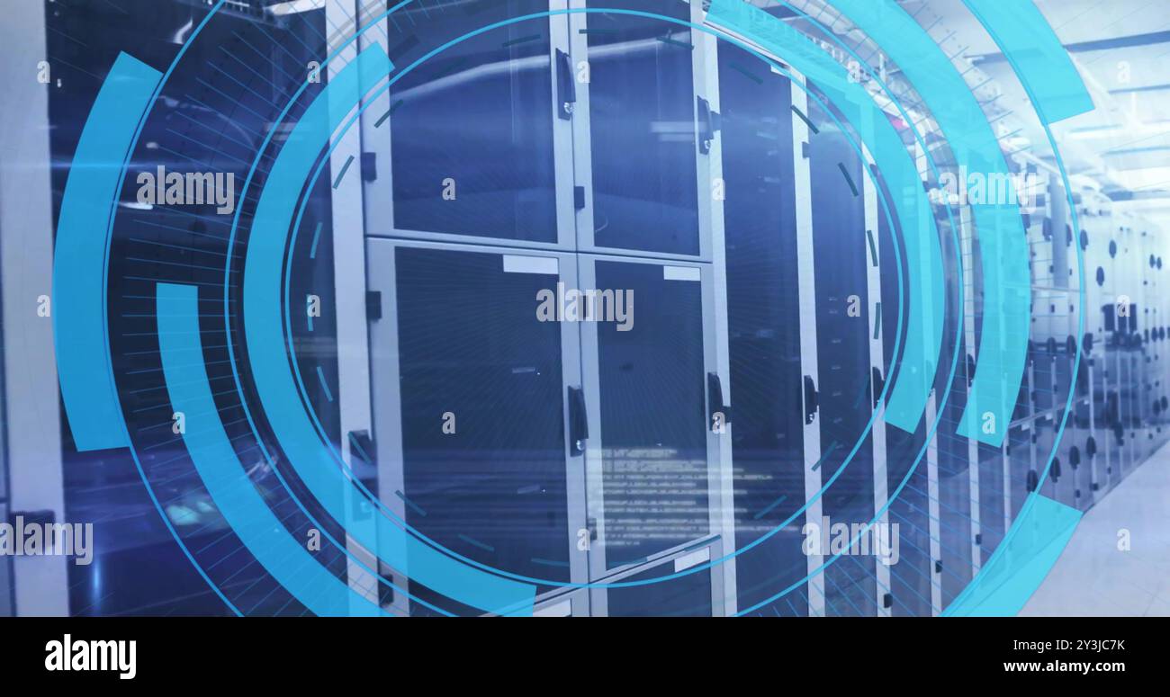 Image of circular scanner and data processing over server room Stock Photo - Alamy