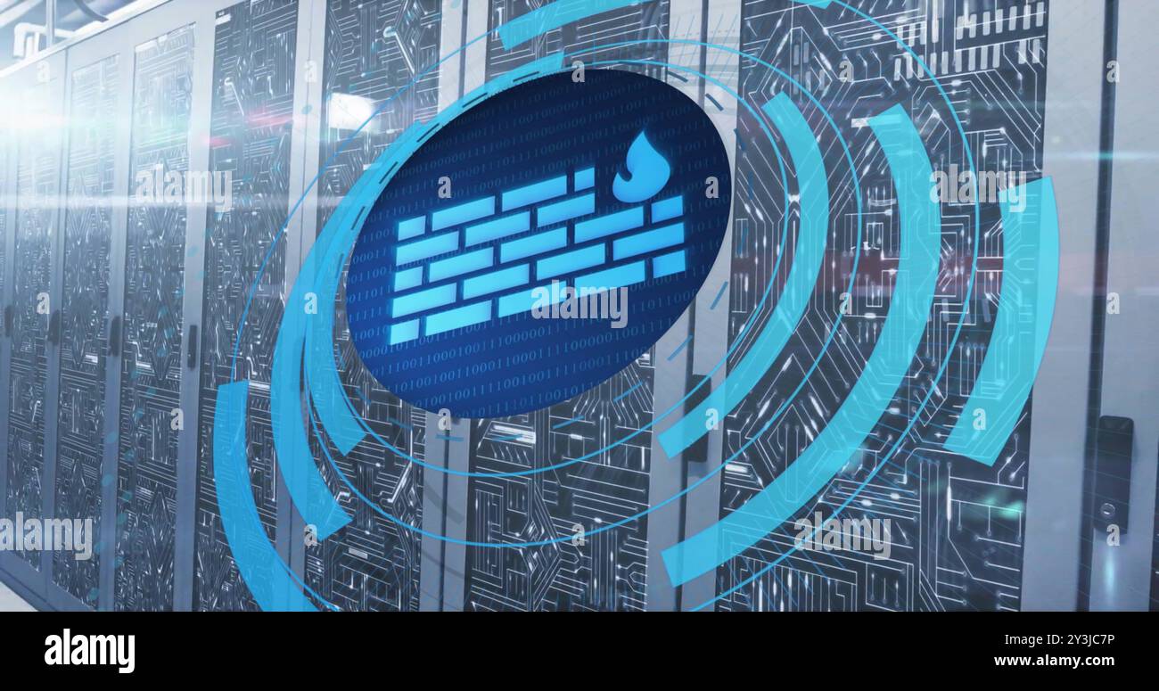 Image of circular scanner processing firewall data over network and server room Stock Photo - Alamy