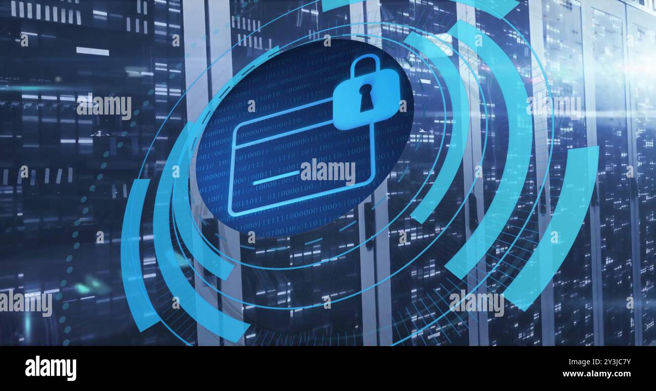 Image of circular scanner processing bank card with padlock icon over ...