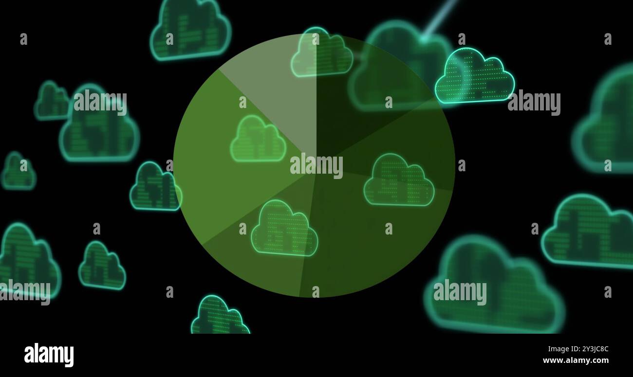 Image of data processing wheel with blue cloud icons transferring on ...