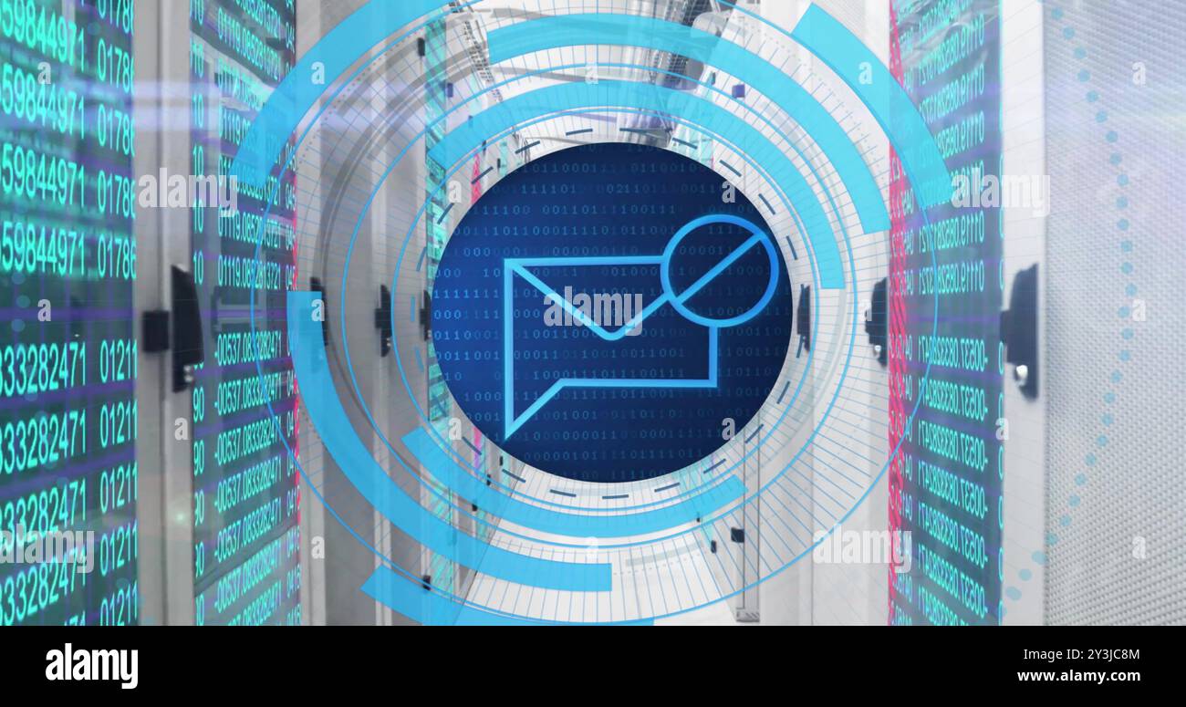 Image of circular scanner processing blocked mail message data over network server room Stock ...