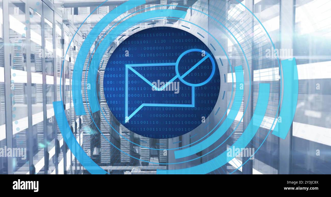 Image of circular scanner processing blocked mail message data over network server room Stock ...