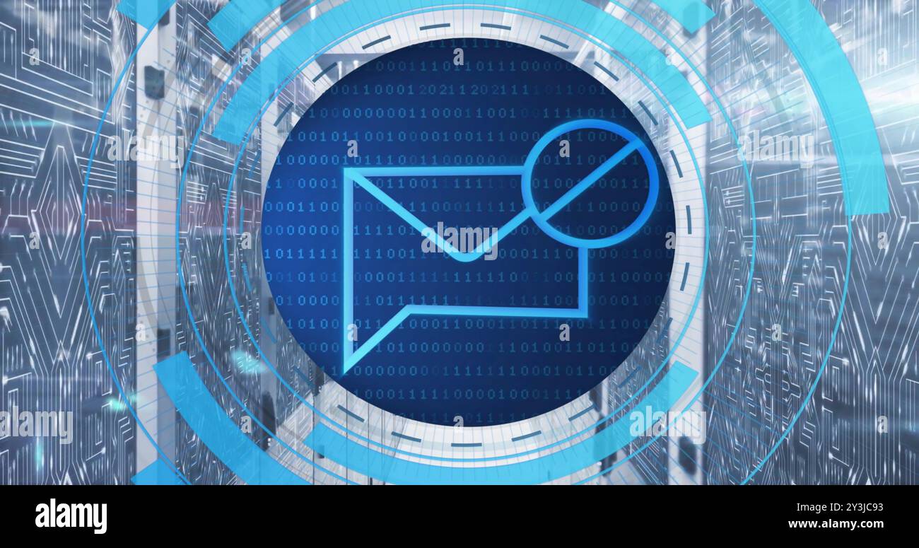 Image of circular scanner processing blocked mail message data over network server room Stock ...
