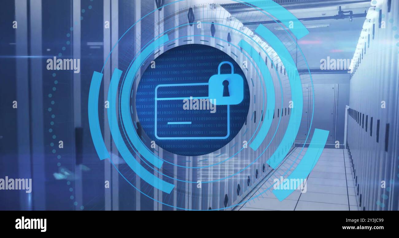 Image of circular scanner processing bank card with padlock icon over ...