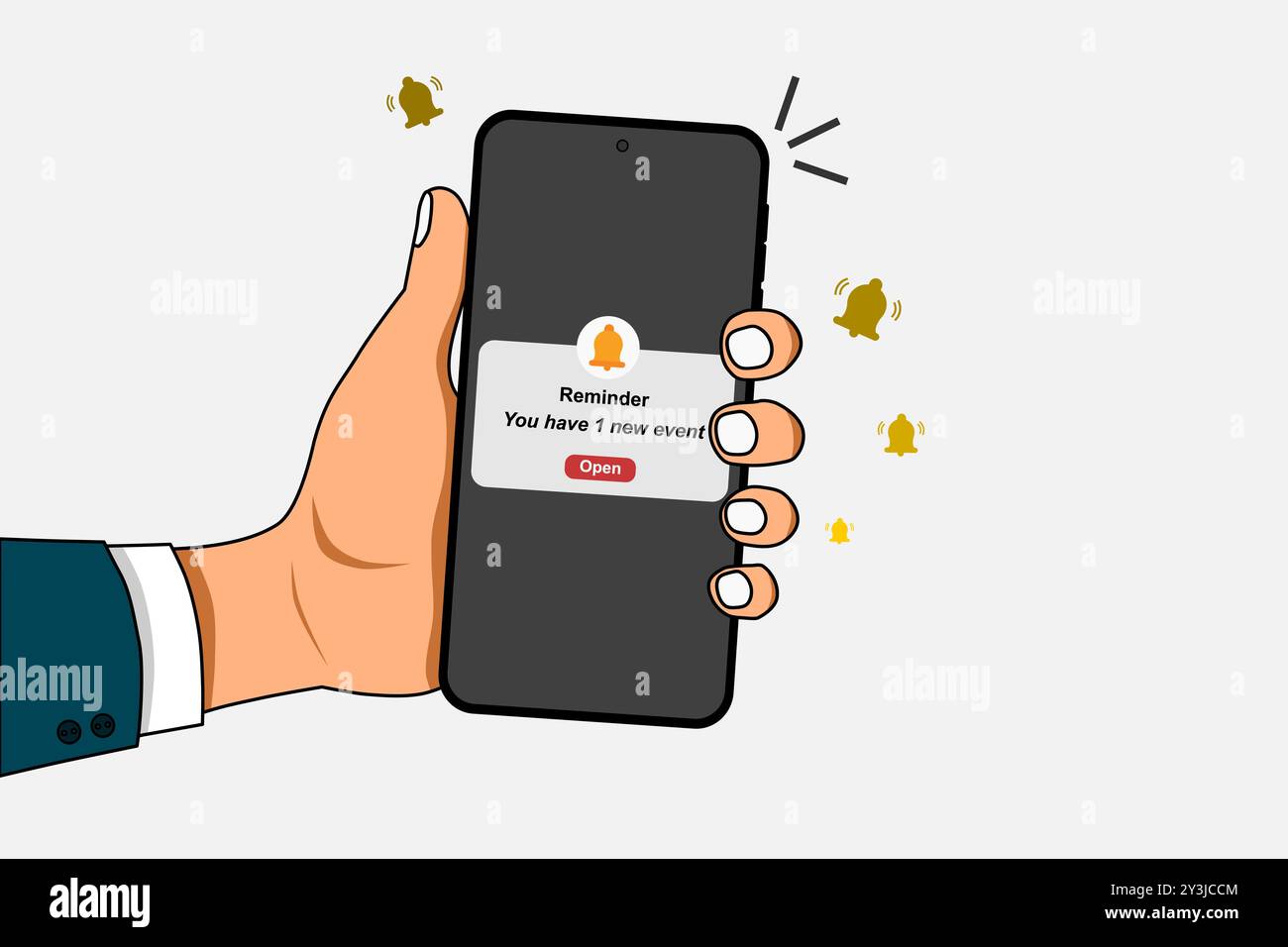 Businessman holding a mobile phone with reminder notifications page on screen. New event notice ...